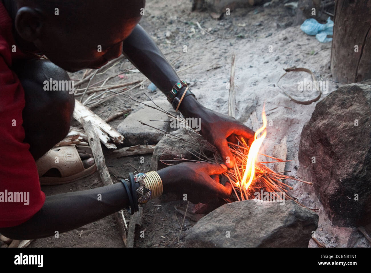 Tsemai man making a fire the traditional way, Lucka, Ethiopia Stock ...