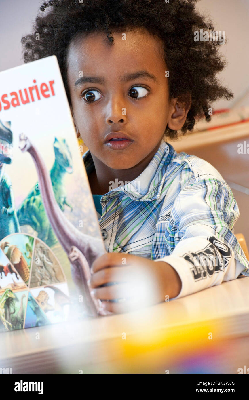 Boy looking at picture book Stock Photo - Alamy