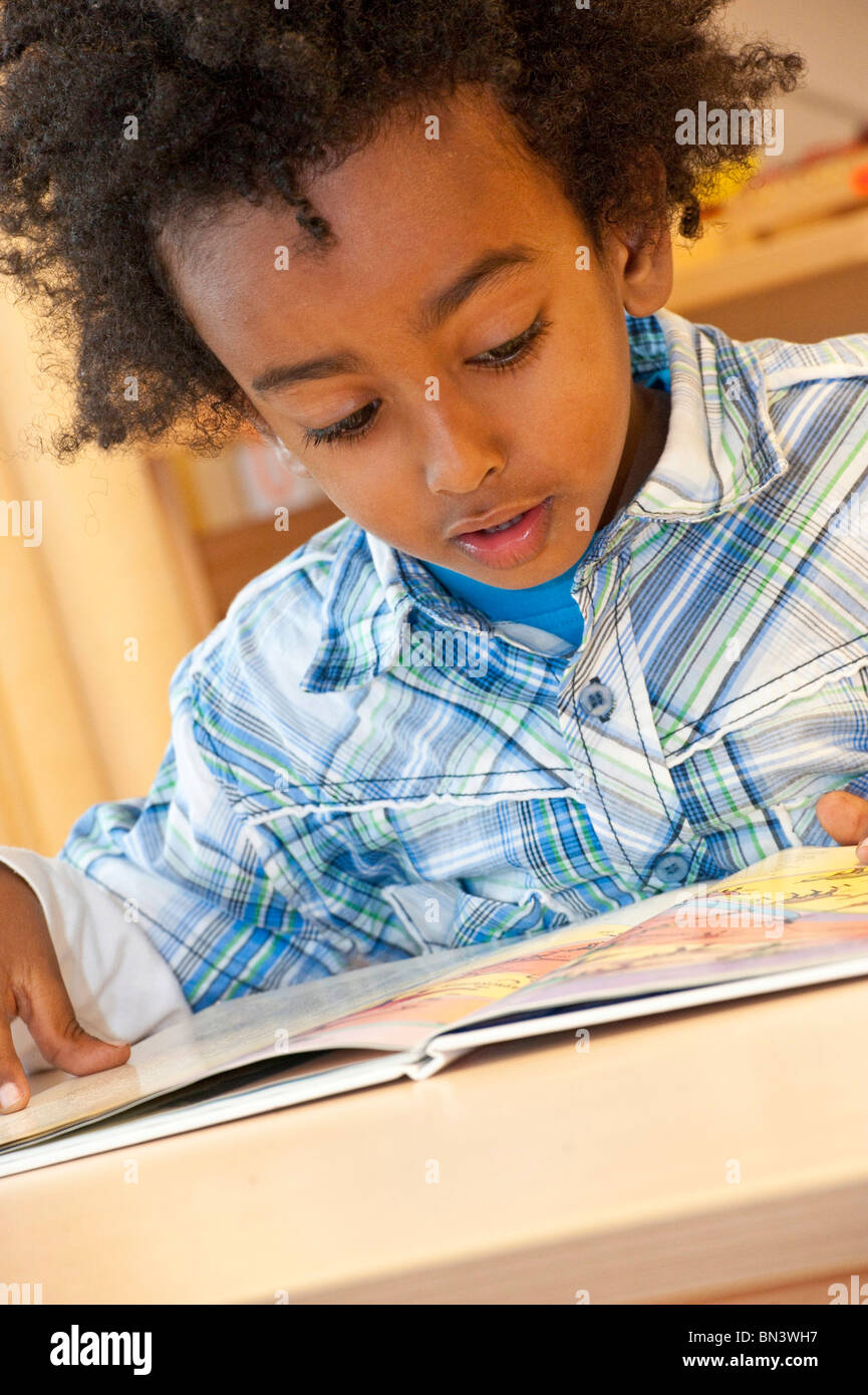 Boy looking at book Stock Photo - Alamy
