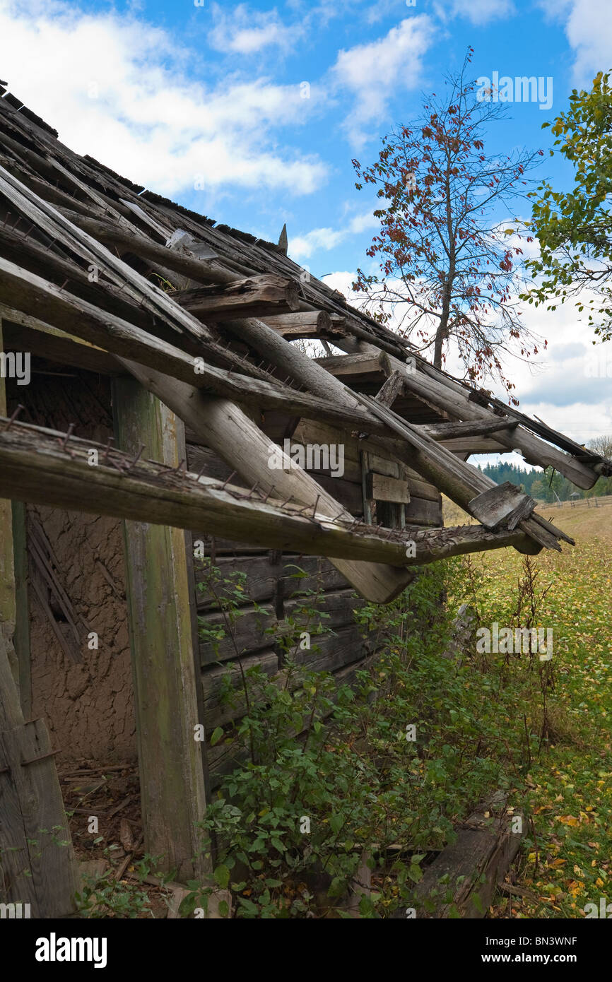 Ruined wood shed on mountain glade Stock Photo - Alamy