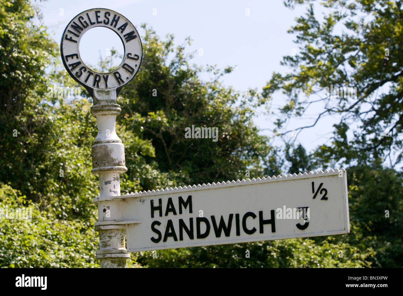 road sign kent for the village of Ham and town of Sandwich kent Stock ...