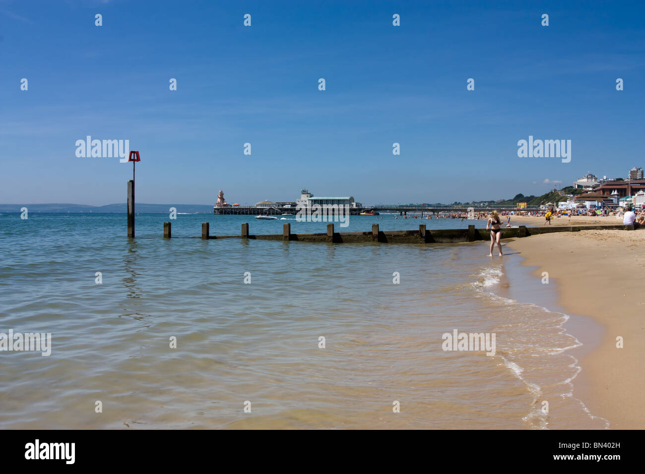 Bournemouth beach groynes and pier, Dorset on the English south coast ...