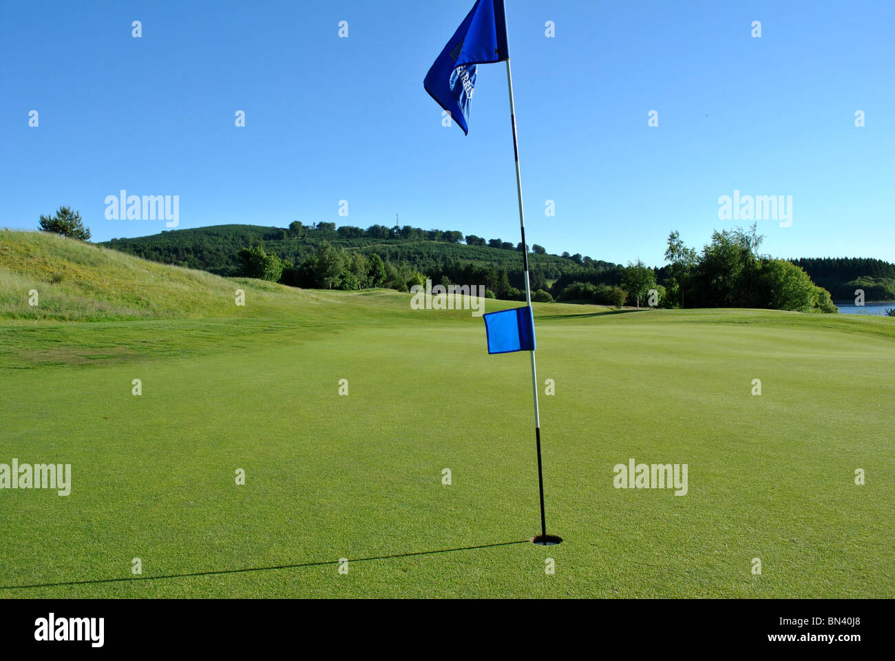 a blue flag on a pin on a golf course Stock Photo - Alamy