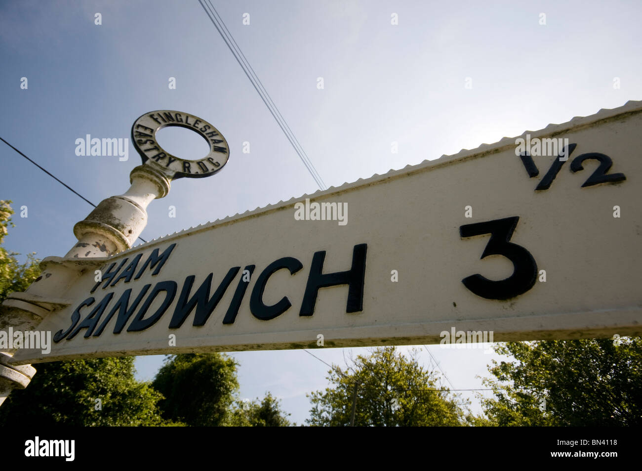 road sign Kent for the village of Ham and town of Sandwich Kent england ...