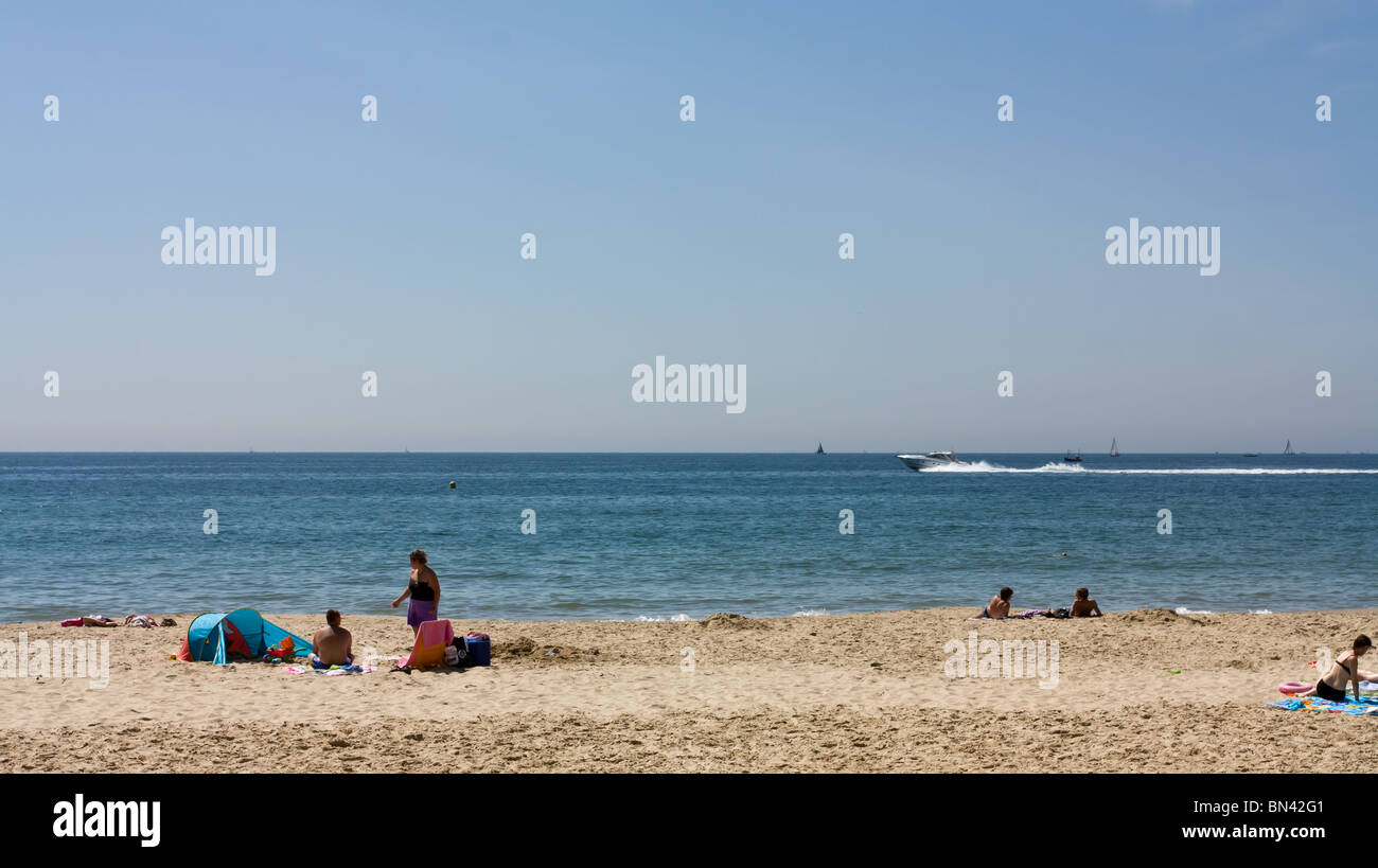 Luxury boat off Bournemouth beach, Dorset on the English south coast in ...