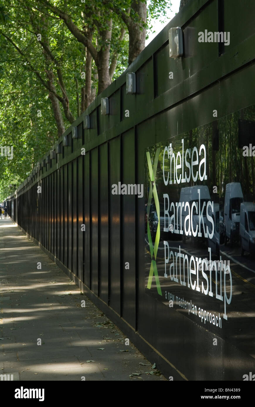 Chelsea Barracks development site Chelsea London UK. Black surrounding ...
