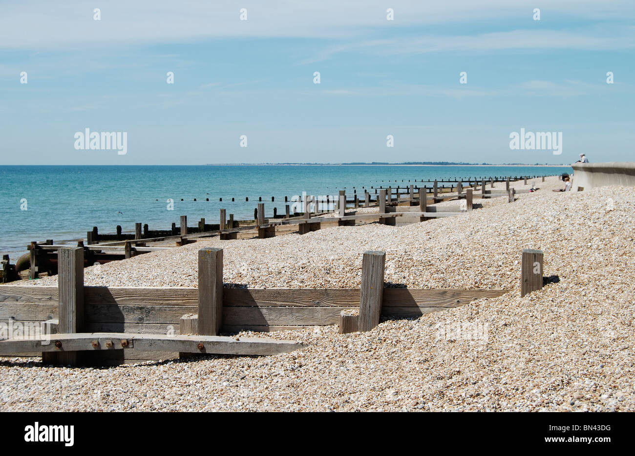 Wooden groyne (groin) sea defences on shingle beach at Bognor Regis ...
