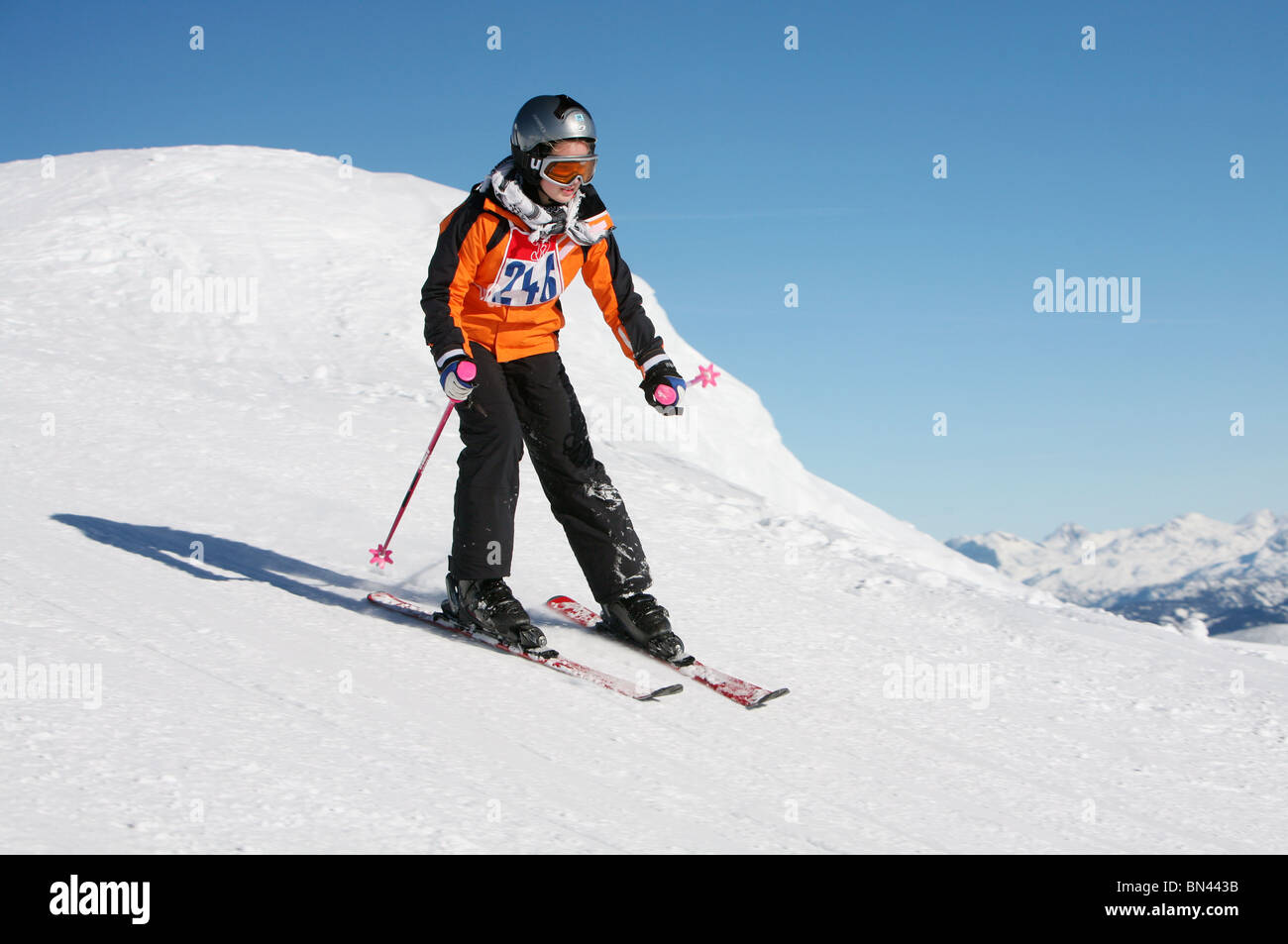 Kid skiing down a slope, Krippenbrunn, Austria Stock Photo - Alamy
