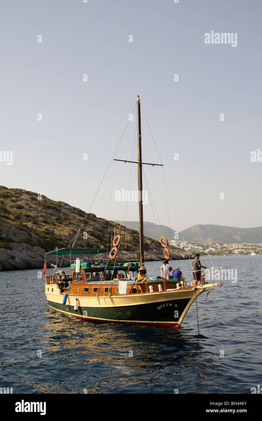 Holidaymakers sunbathing on a traditional Gulet boat off the Turkish ...