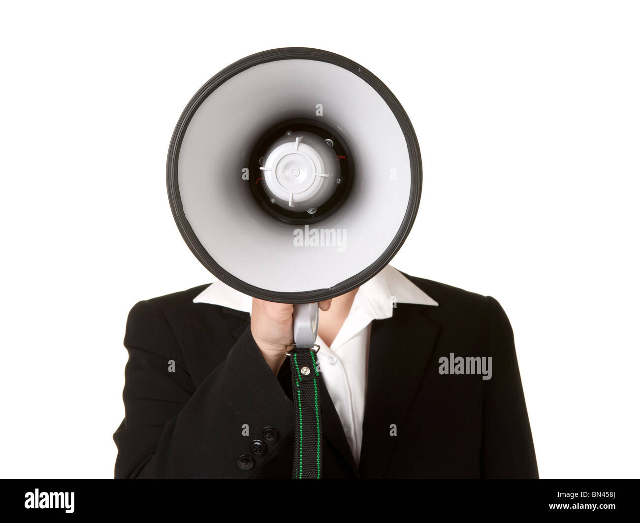 young business woman with megaphone isolated white background Stock ...