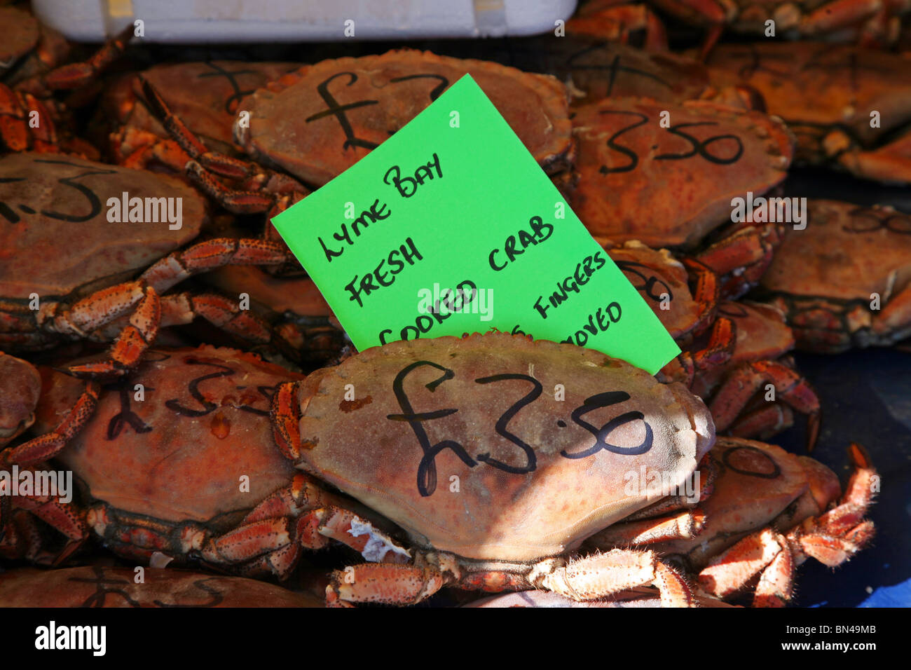 Fresh local crab for sale at a fishmongers stall in Dorchester Market ...