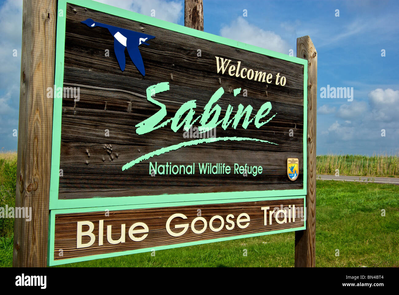 Wooden sign marking Sabine National Wildlife Refuge Blue Goose Trail ...