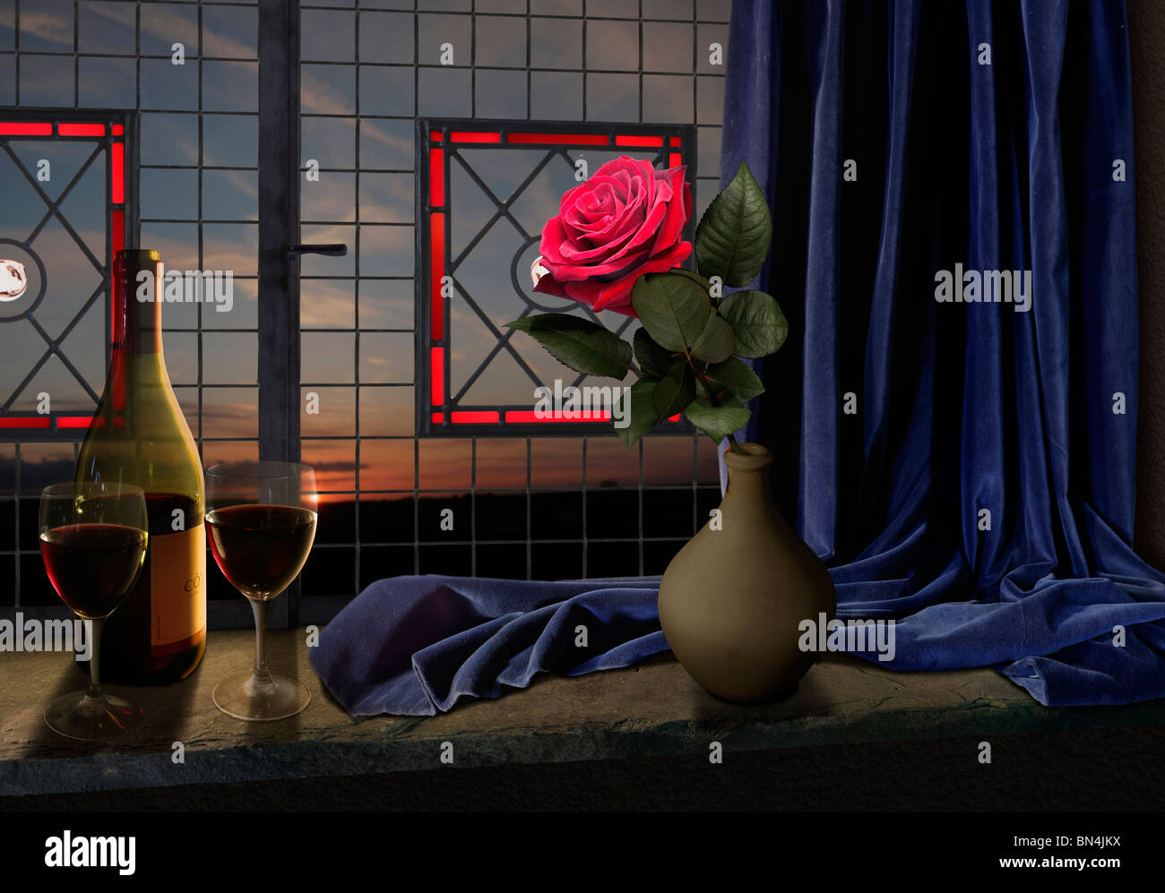 red rose wine and blue curtain on a window seal with sunset Stock Photo ...