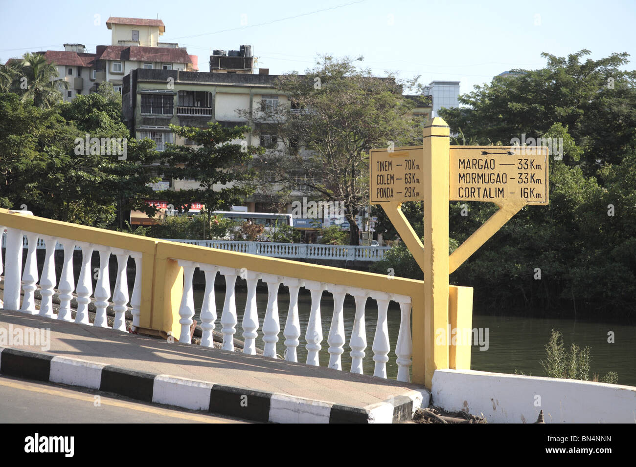 Road sign at the beginning of the Pato Bridge on the Creek near Mandovi ...