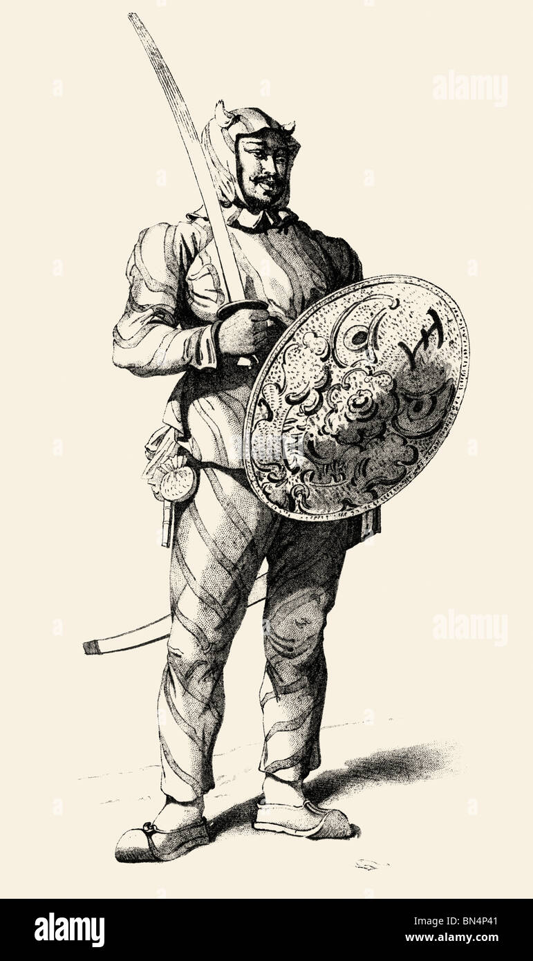 Chinese Tiger Guard with his traditional weapons. Woodcut Stock Photo ...