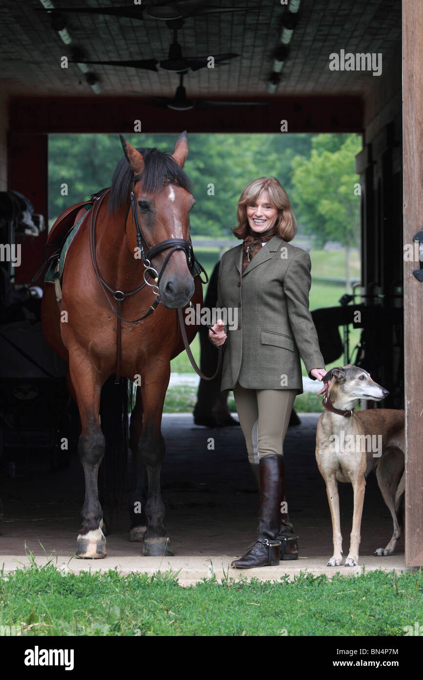 woman lady horse hunter dog lurcher wearing hunting dress outfit Stock ...