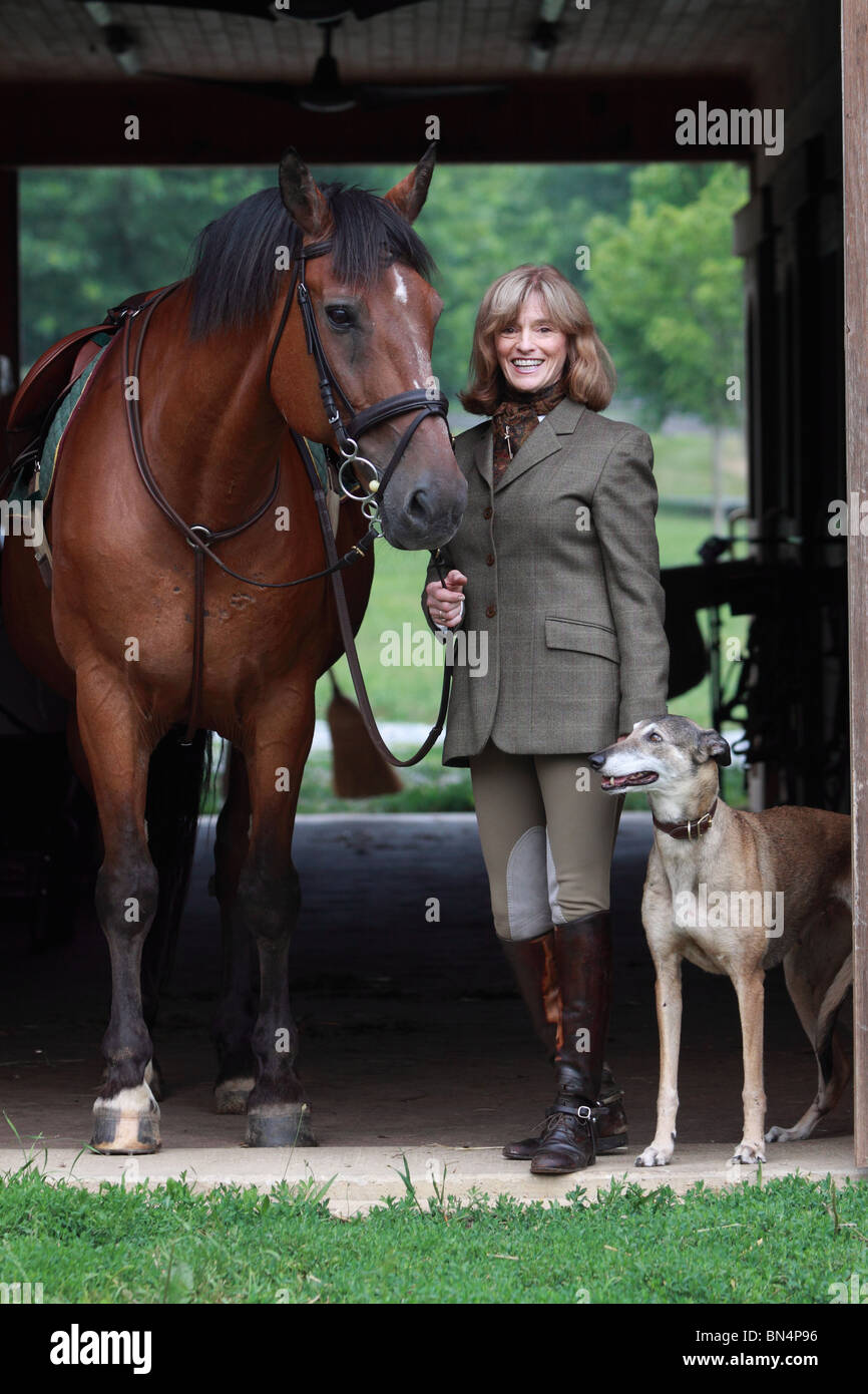 woman lady horse hunter dog lurcher wearing hunting dress outfit Stock ...