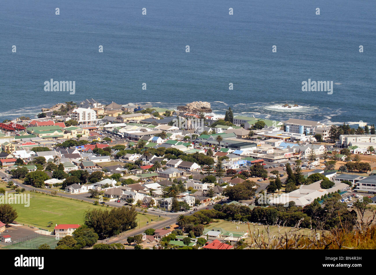 Aerial view of Hermanus overlooking Walker bay and the Atlantic Ocean ...