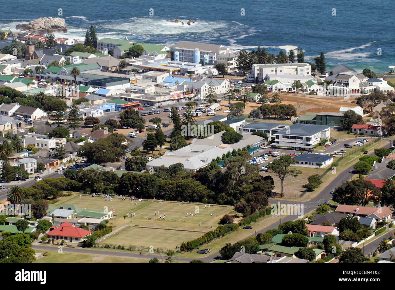 Aerial view of Hermanus overlooking Walker bay and the Atlantic Ocean ...