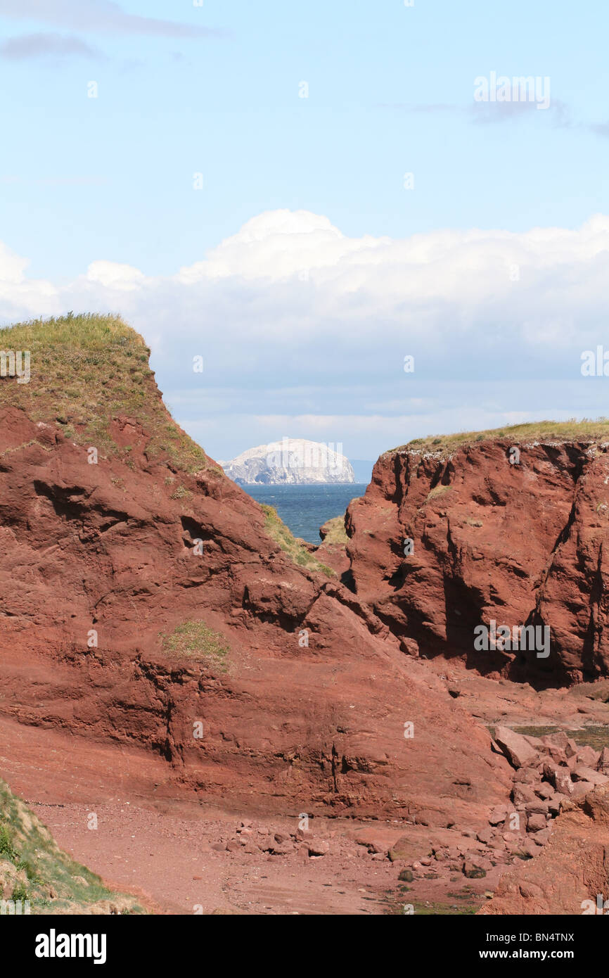 Bass Rock and red sandstone cliffs Dunbar Scotland June 2010 Stock ...