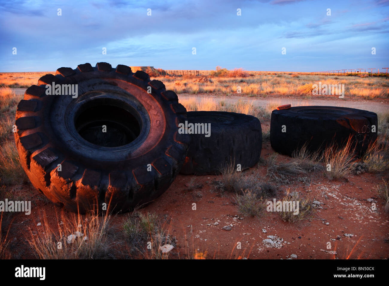 Used rubber tires lie in the middle of a field near the town of ...
