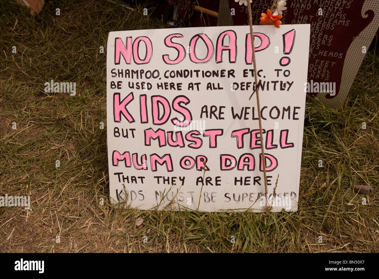 Sauna no soap sign at the Glastonbury Festival 2010 Stock Photo - Alamy