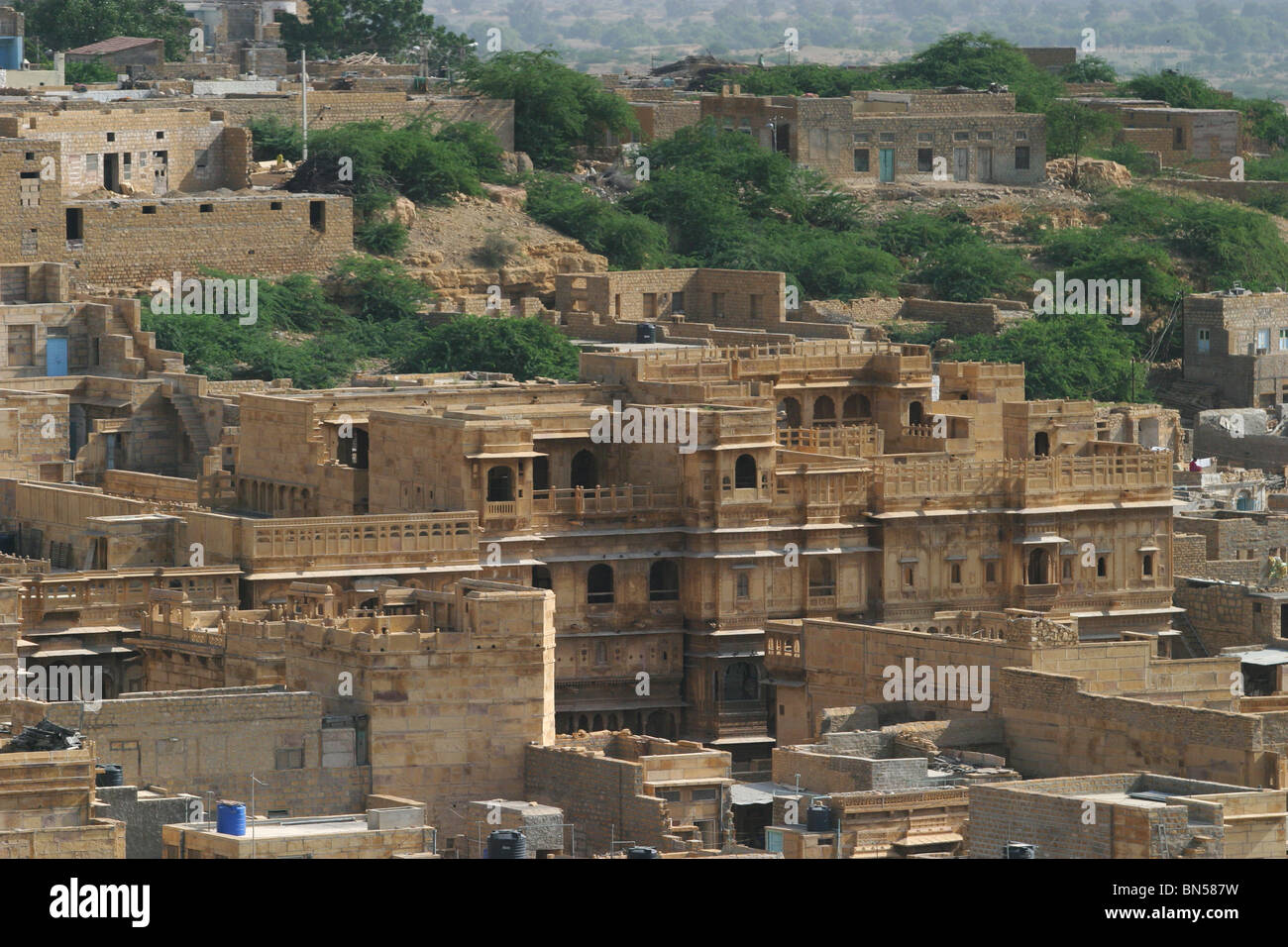 View of houses in Jaisalmer city in Rajasthan, India, from the ramparts ...