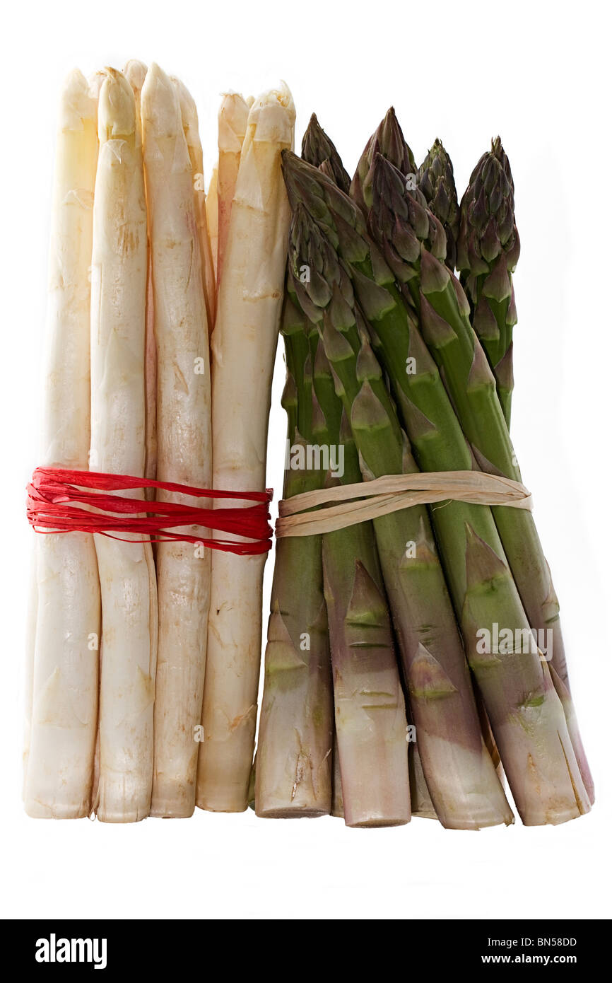 a bundle of green and a bundle of white asparagus isolated on white ...