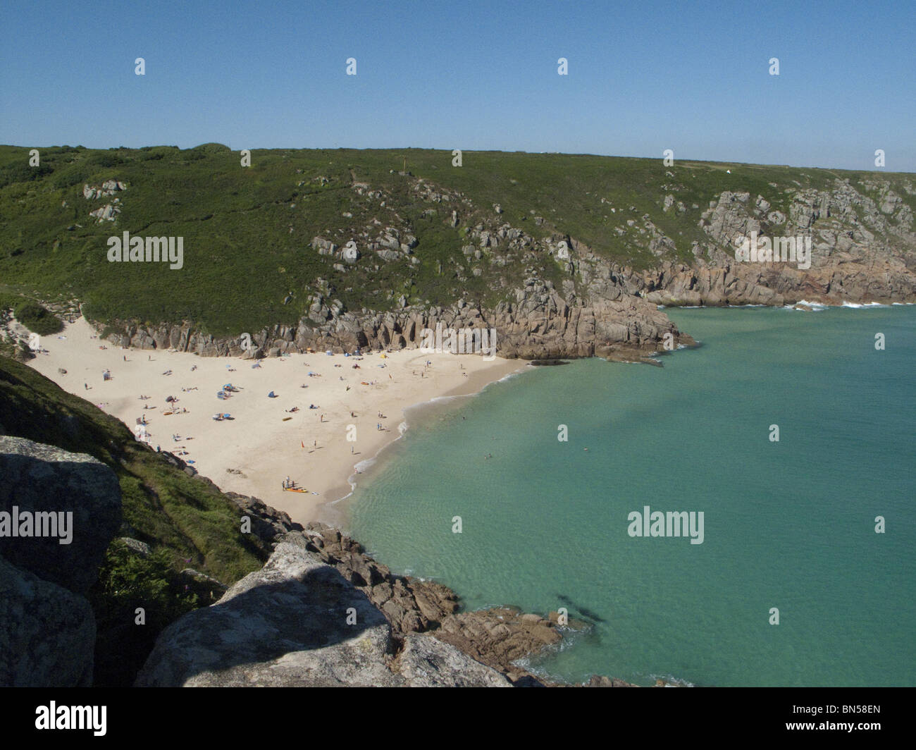 Cornwall England Porthcurno Bay beach rock cliff sea English Channel ...