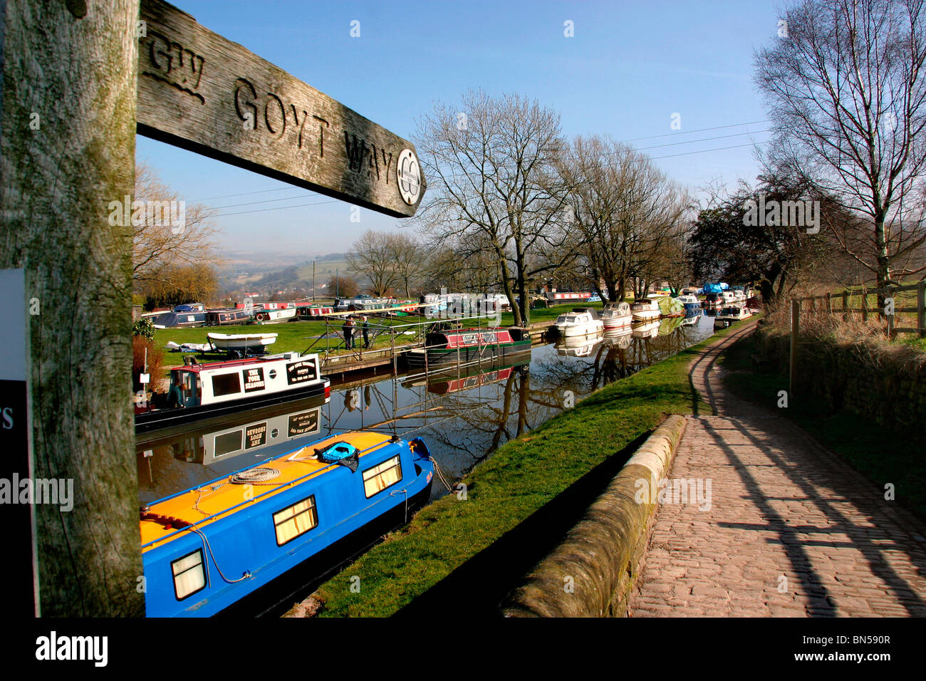 England, Cheshire, Stockport, Marple, Goyt Way sign on Peak Forest ...