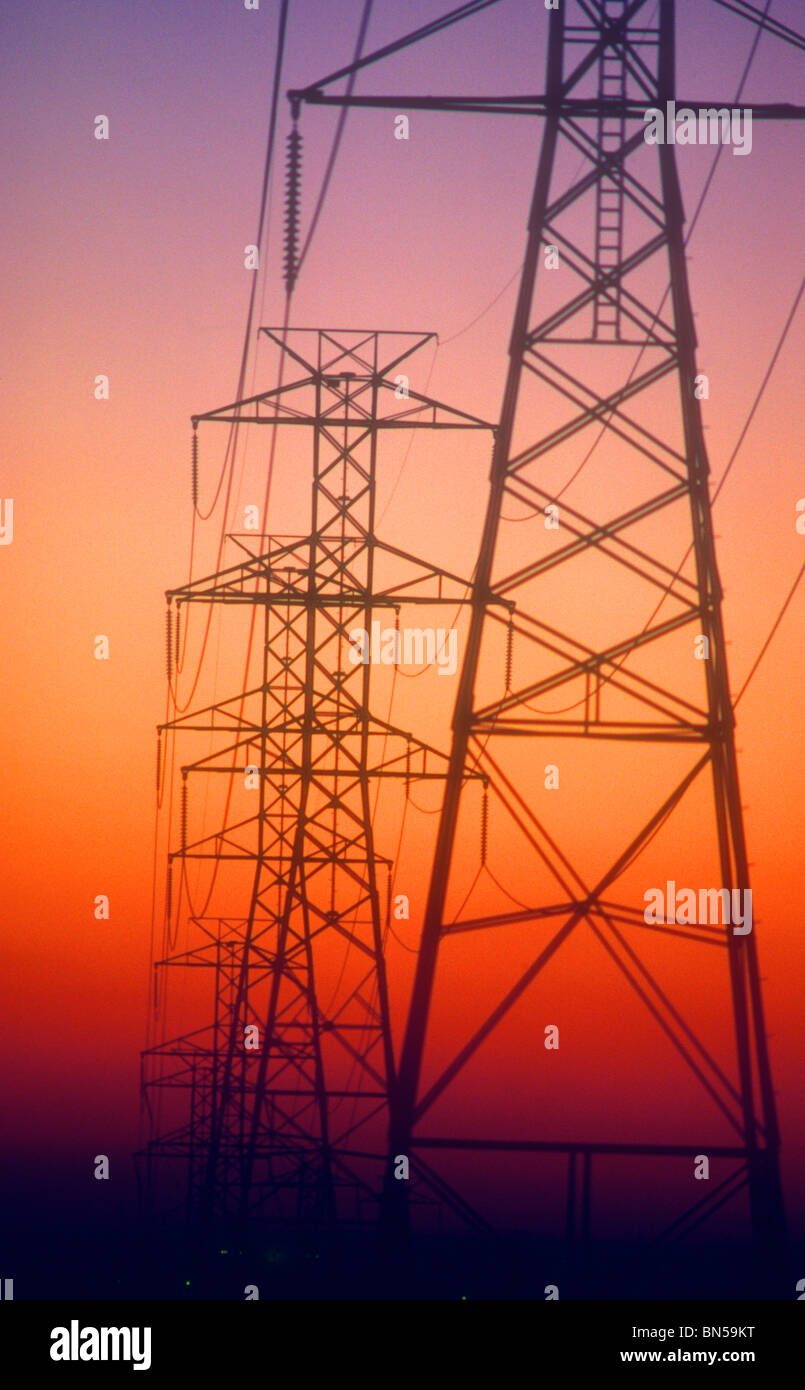 Electric distribution wires and colorful sunset hi-res stock ...