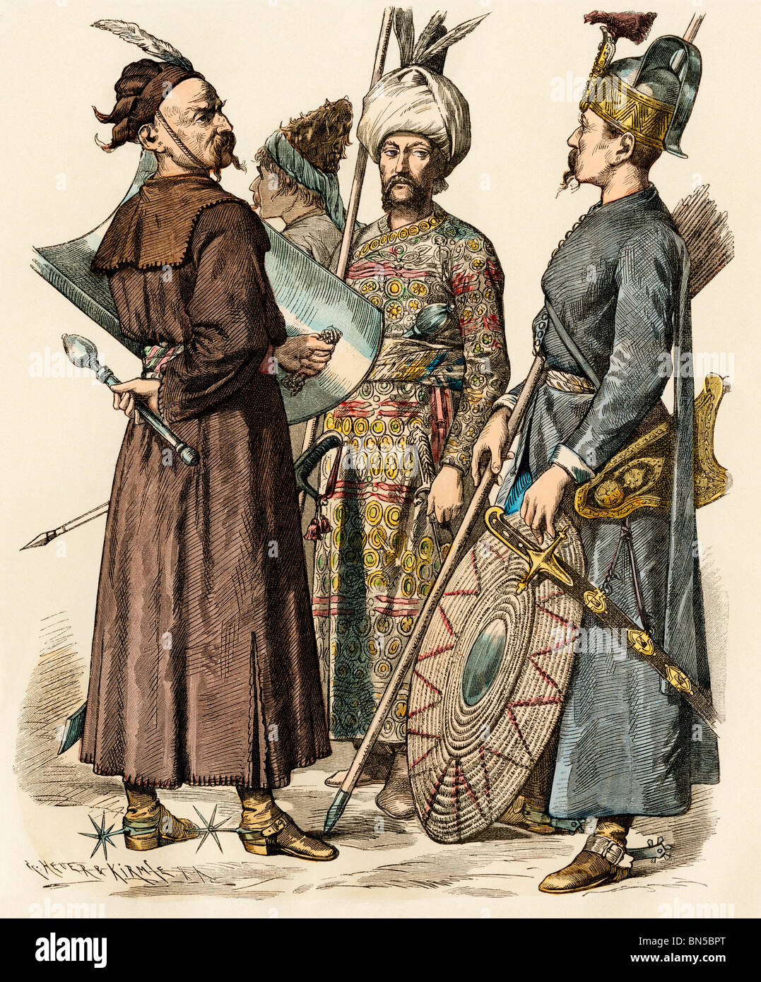 Turkish soldiers, first half of the 18th century. Hand-colored print ...