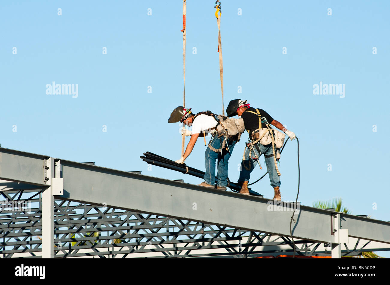 steelworkers erect the structural steel framework for a commercial ...