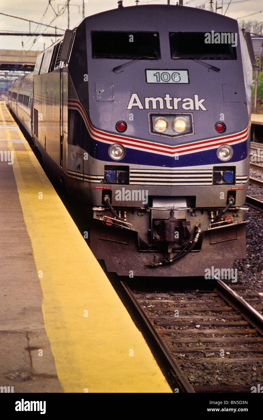 Amtrak engine enters Lancaster PA RR station terminal Stock Photo - Alamy