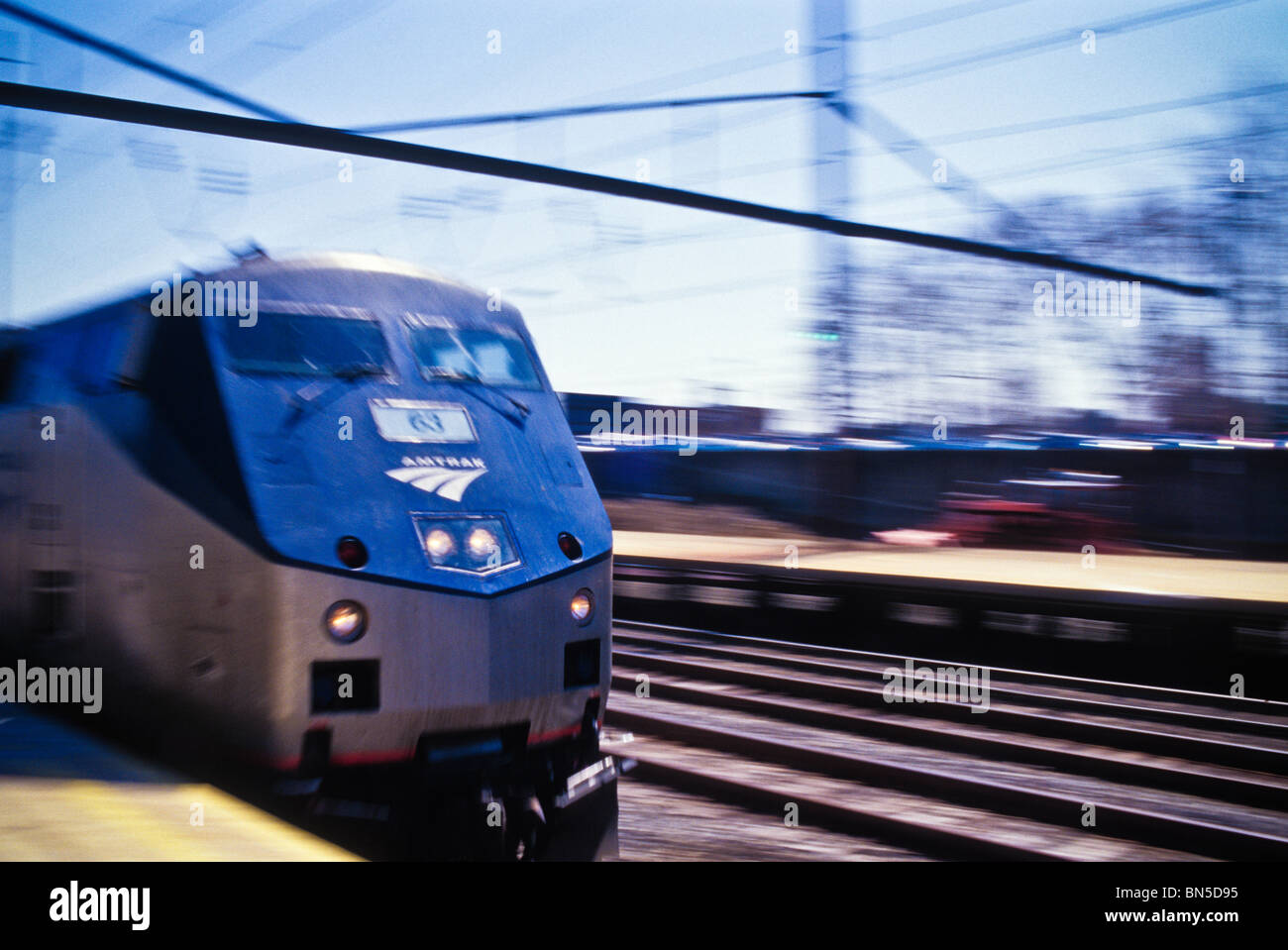 Electrical overhead lines at train station terminal Stock Photo - Alamy