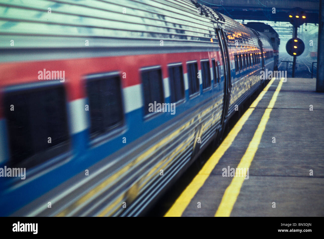 Amtrak engine enters Lancaster PA RR station terminal Stock Photo - Alamy