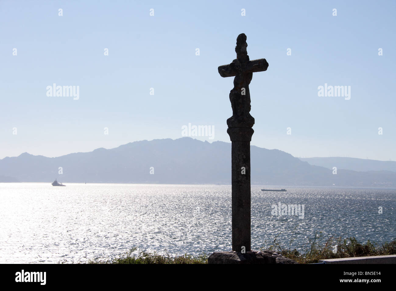 Cross, Cabo Fisterra, Galicia, Spain, with Atlantic Ocean in background ...