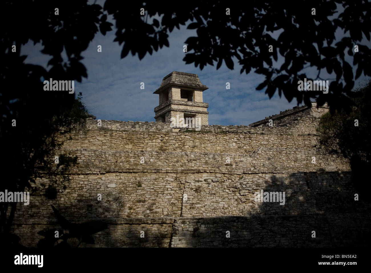 The tower of the Palace in the ancient Mayan city of Palenque, Chiapas ...