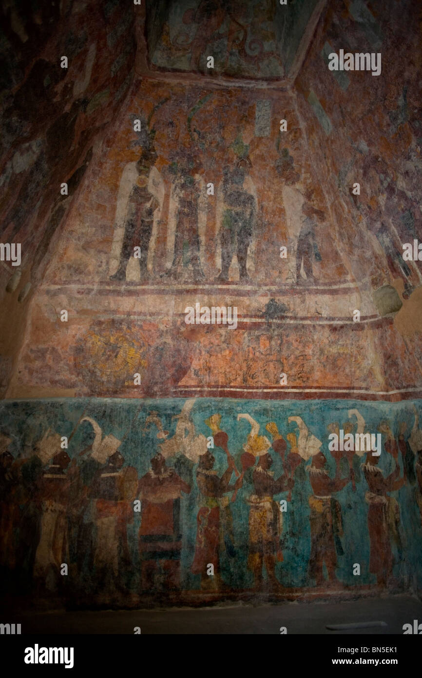 One painted wall of the Temple of the Murals in the Mayan city of ...