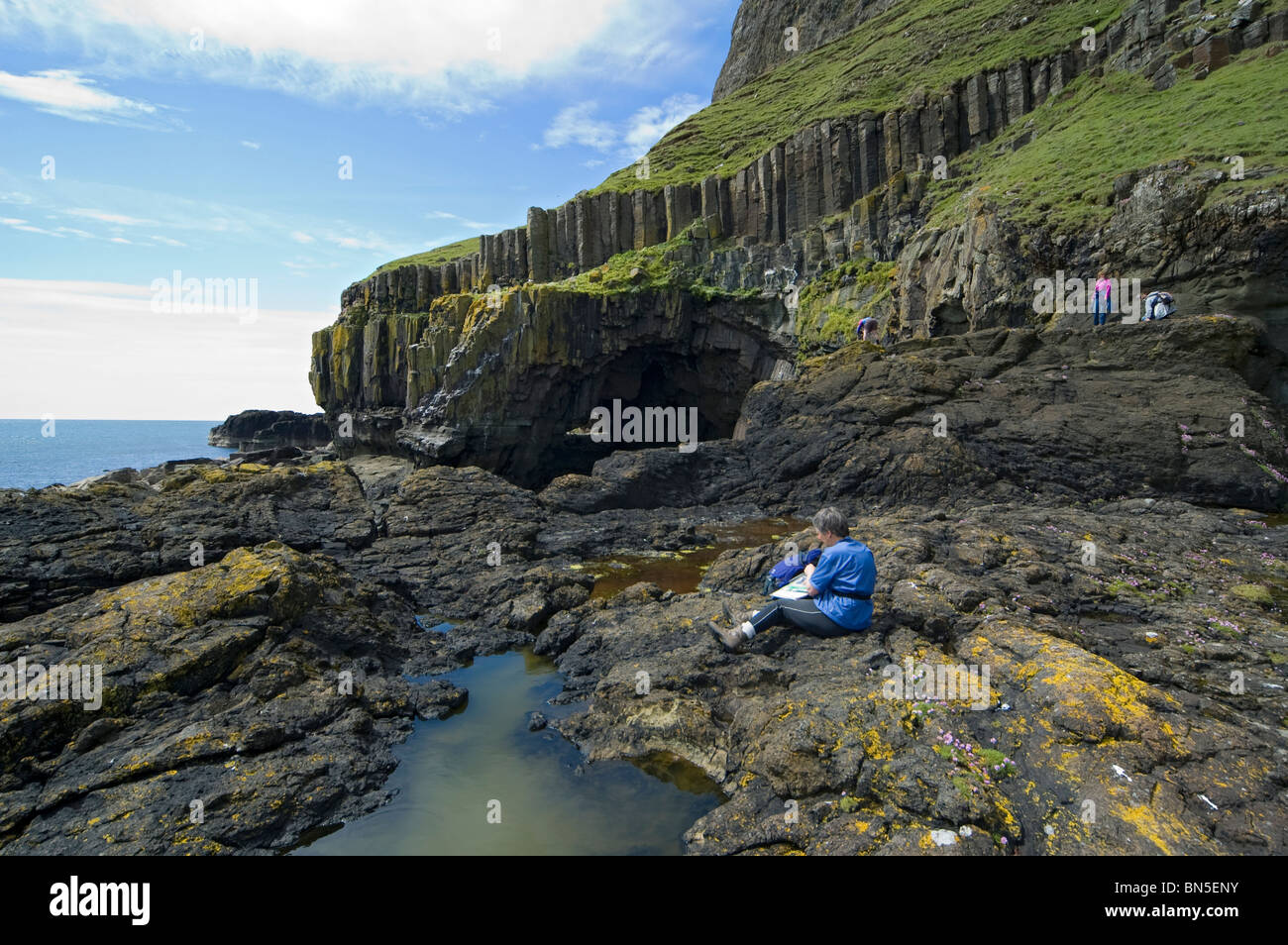 Walkers at one of the Carsaig Arches, Isle of Mull, Inner Hebrides ...