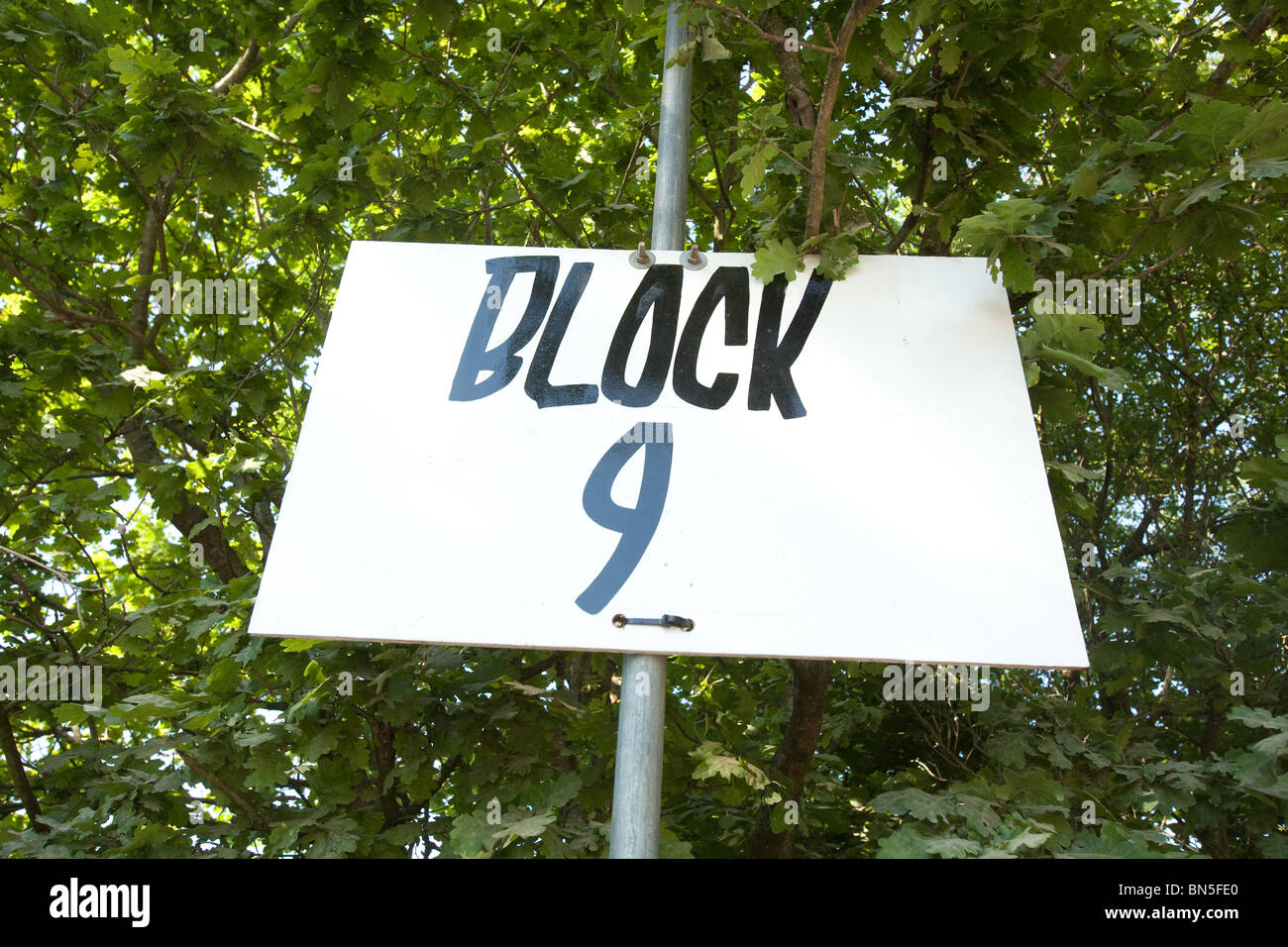 Sign for Block 9 area, Glastonbury Festival 2010 Stock Photo - Alamy