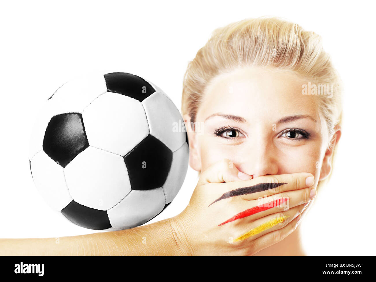 Portrait of a pretty football fan with ball isolated on white Stock ...