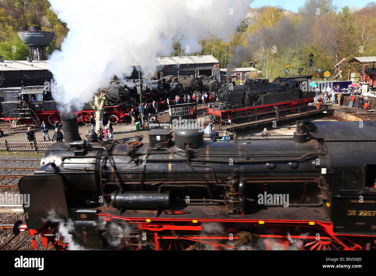 Historical steam train depot museum, with many old steam locomotives ...