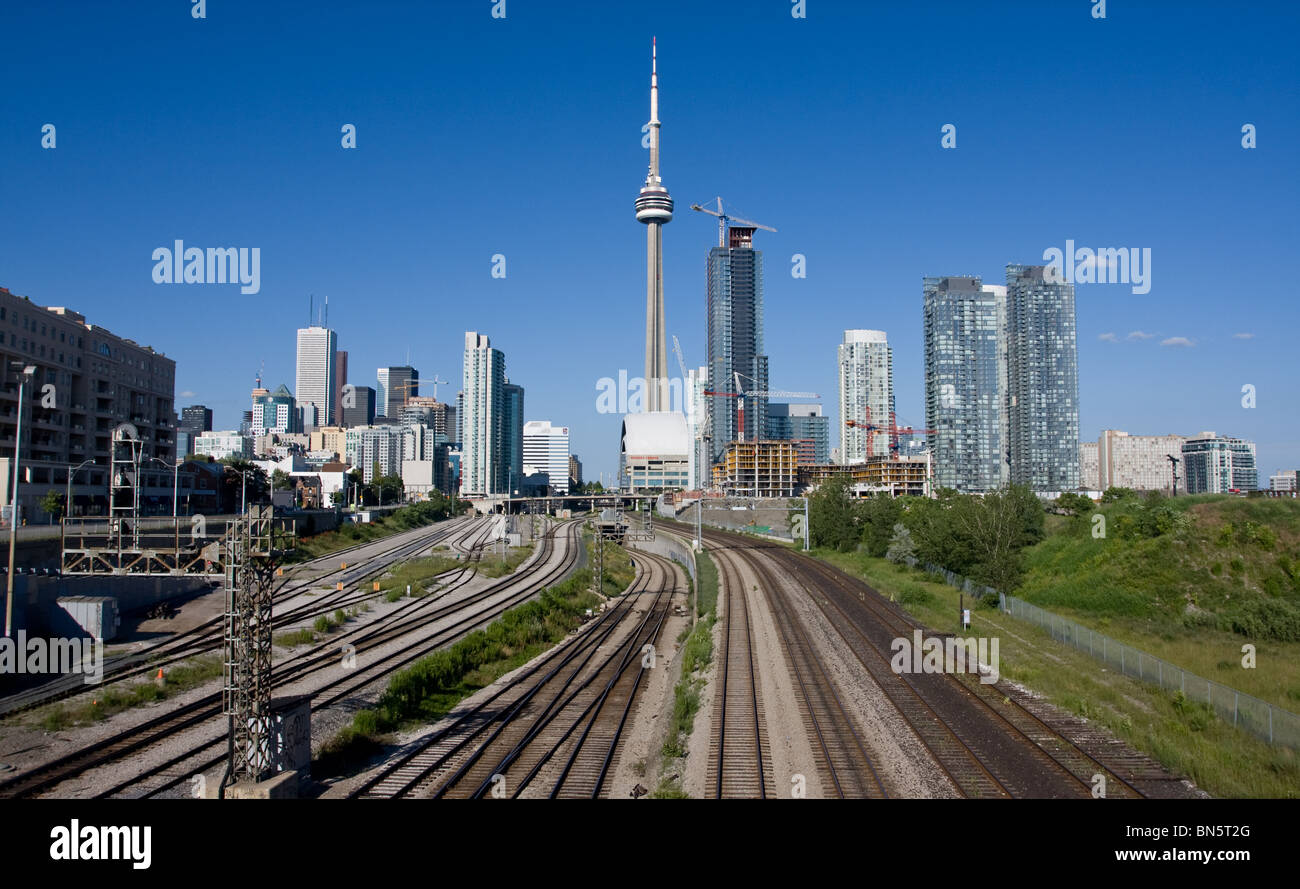 The Toronto skyline over railroad tracks, seen from Bathurst Street ...
