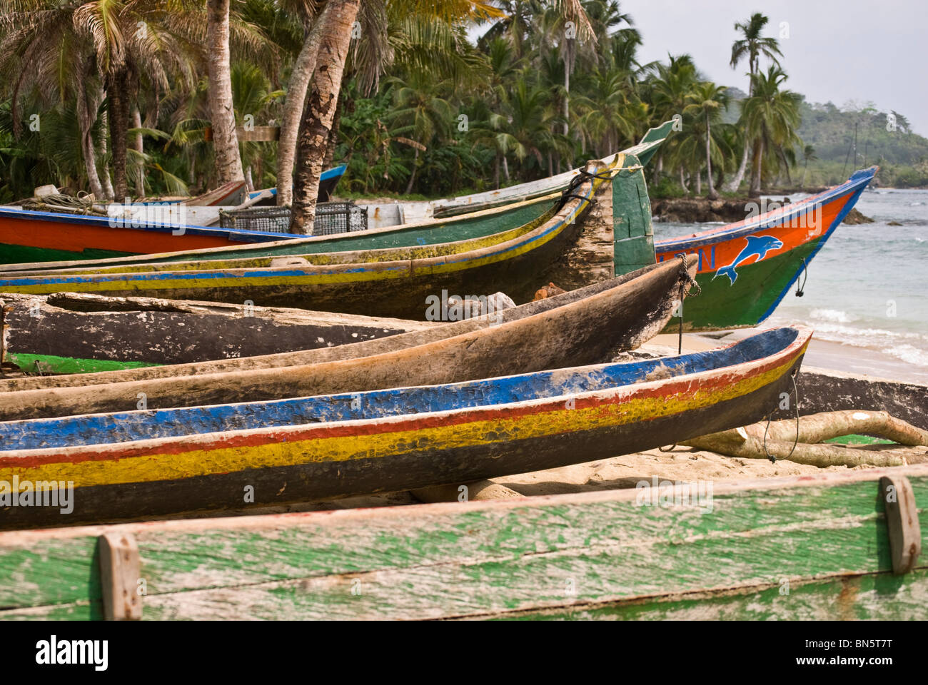 A cluster of colourful ulus on the beach at Anachucuna, San Blas ...