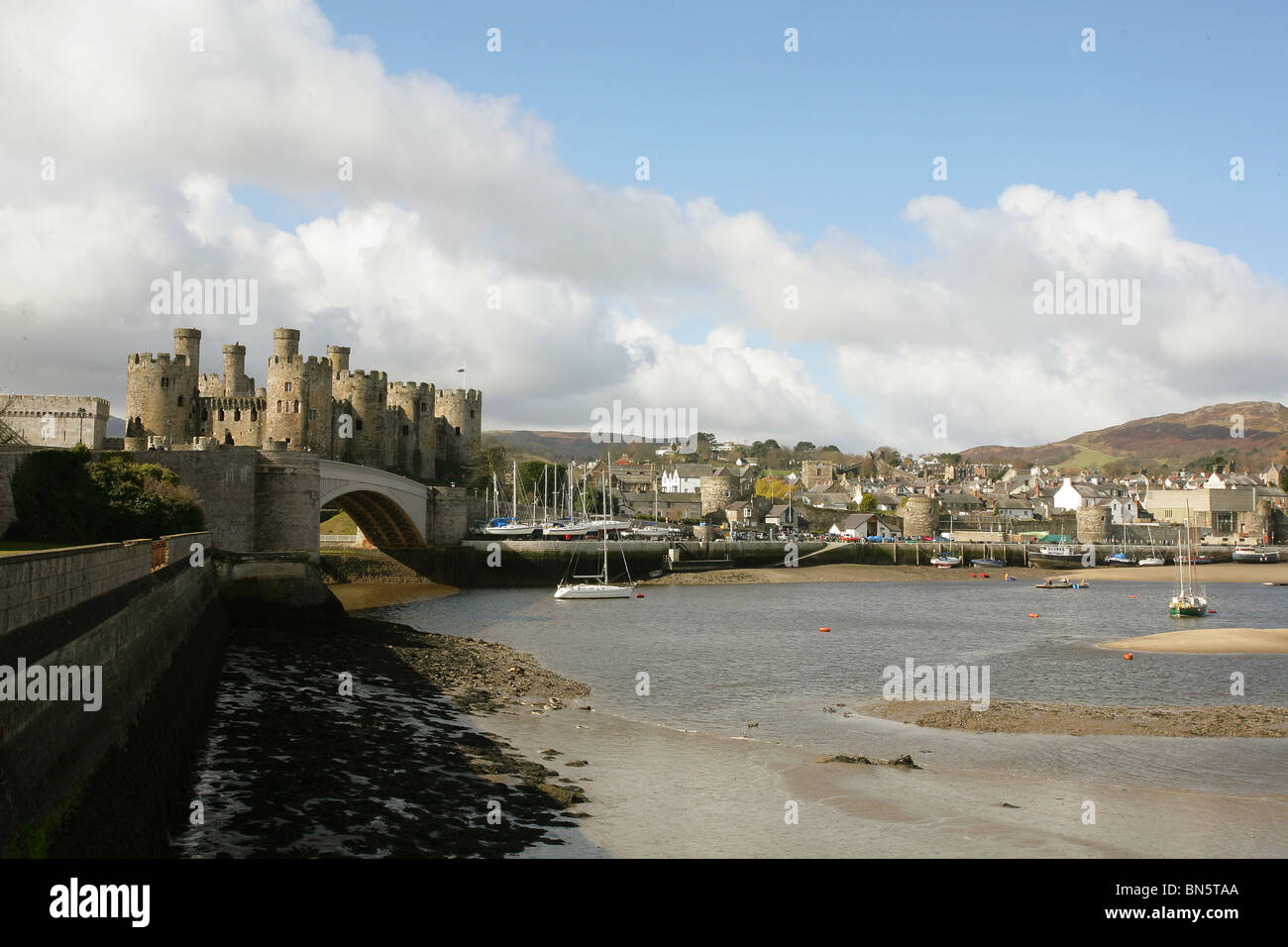 The harbour at Conway, WaleApproach to the Welsh town of Conway with ...