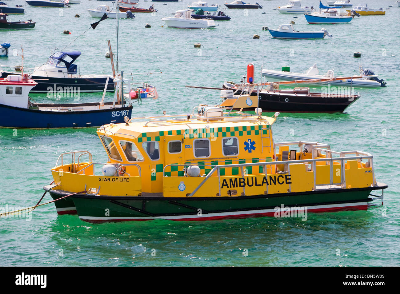 An ambulance boat moored in Hugh Town harbour on St Mary's, Isles of ...