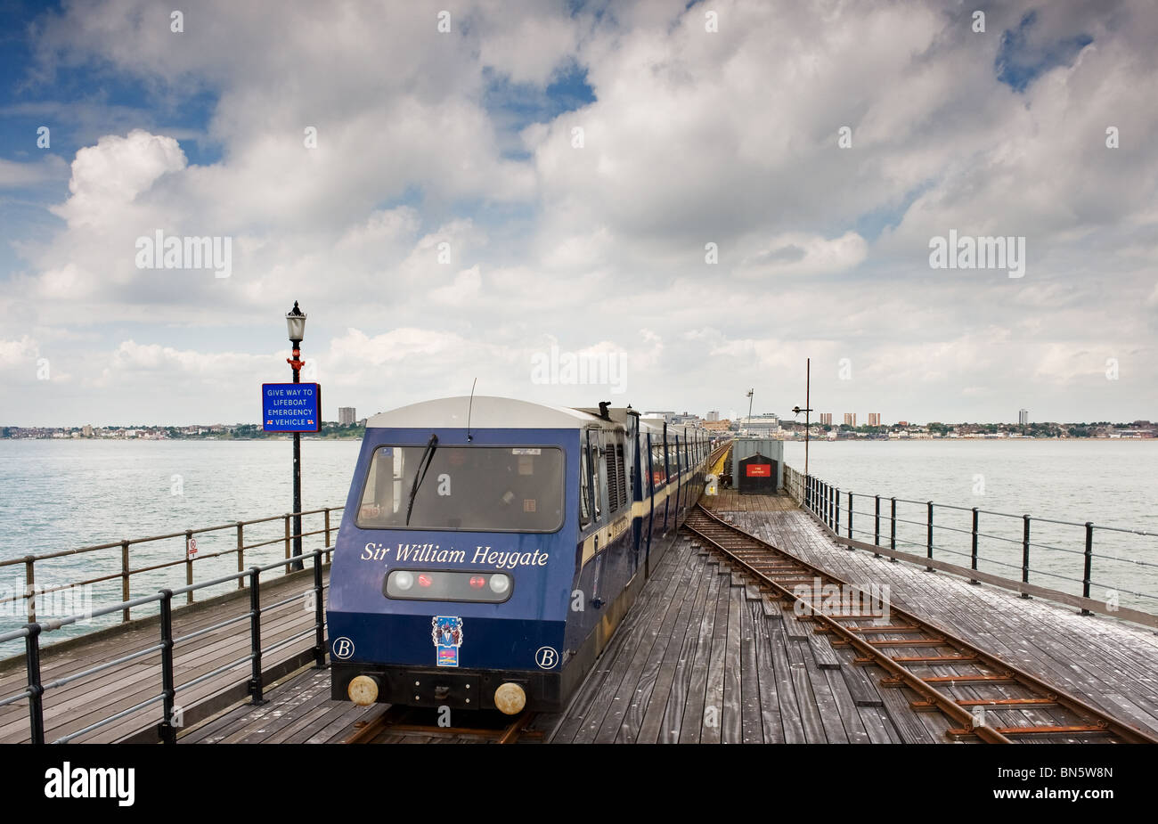 An electric train arriving at the pier head on Southend Pier in Essex ...