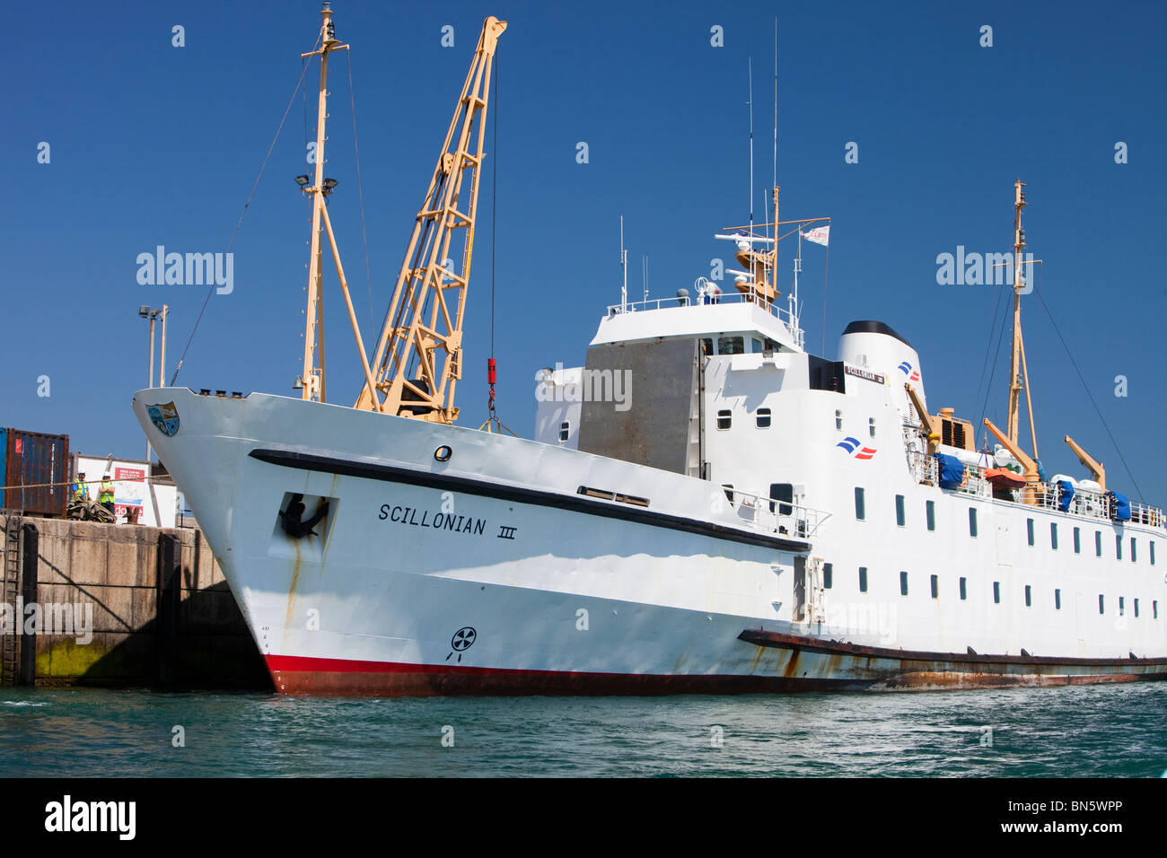 The Scillonian passenger ferry moored in Hugh Town harbour on St Mary's ...