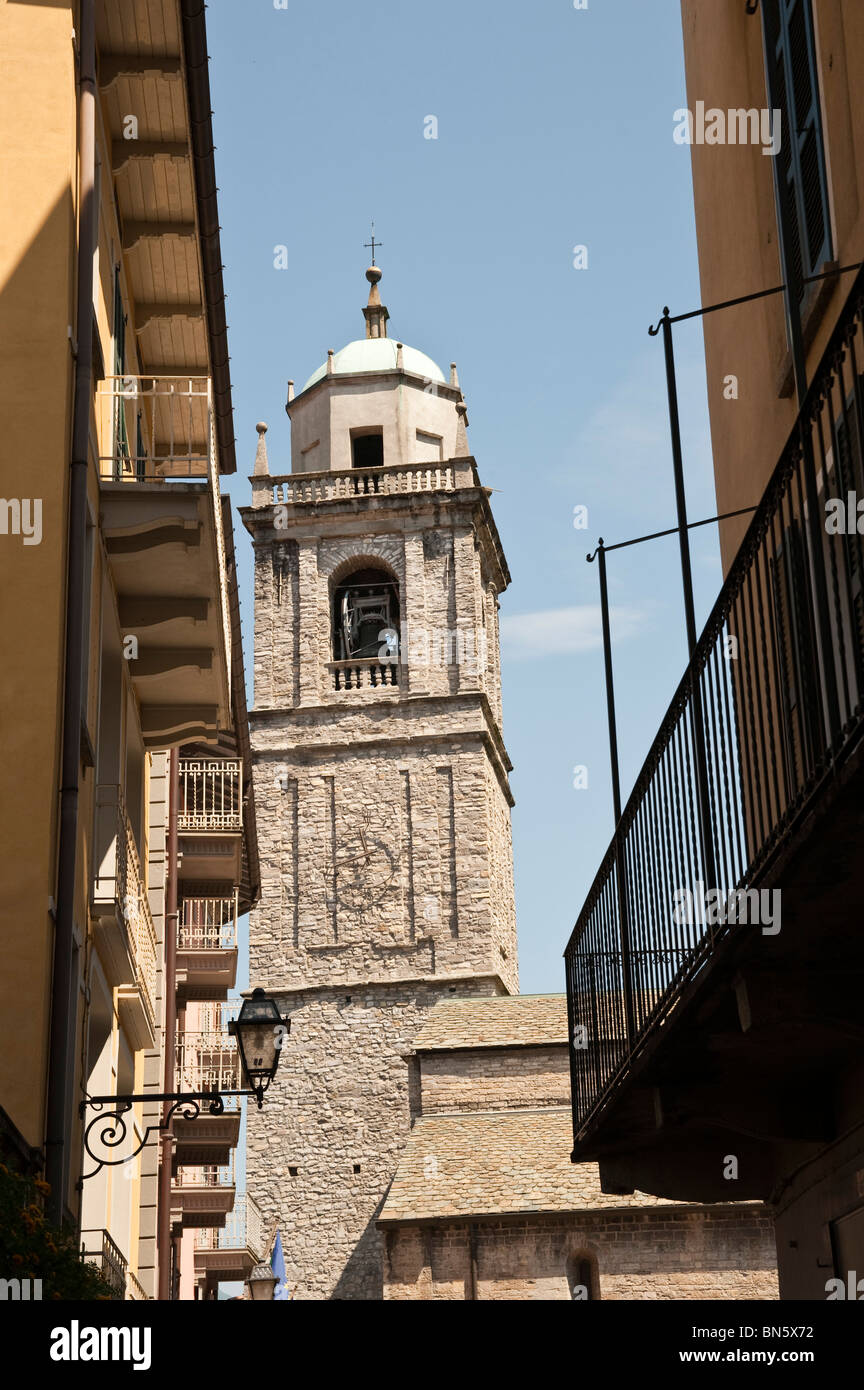 The clocktower of Basilica San Giacomo in Bellagio, Lake Como, Italy ...
